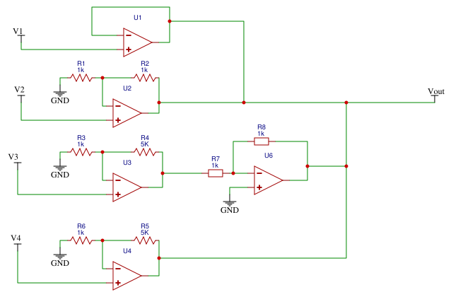 Vo=Vi1 + 2 Vi2 - 9 Vi3 + 4 Vi4 - OSHWLab