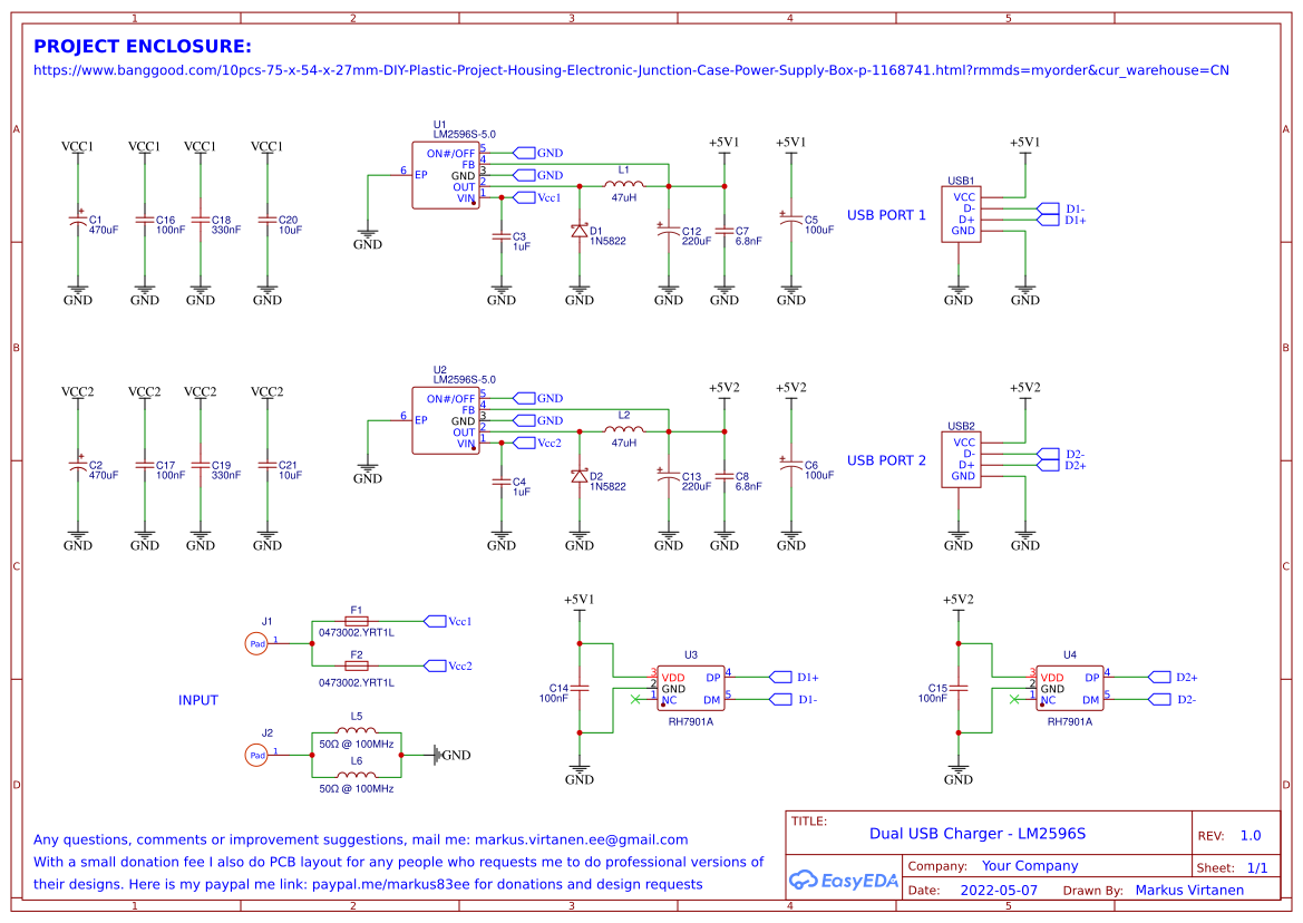 Dual USB Charger - LM2596S - OSHWLab
