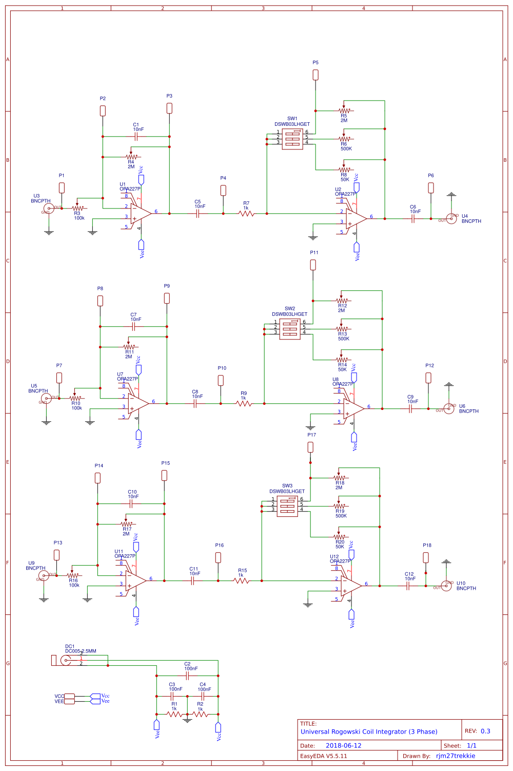 Rogowski Coil Integrator (3 Phase) - EasyEDA open source hardware lab