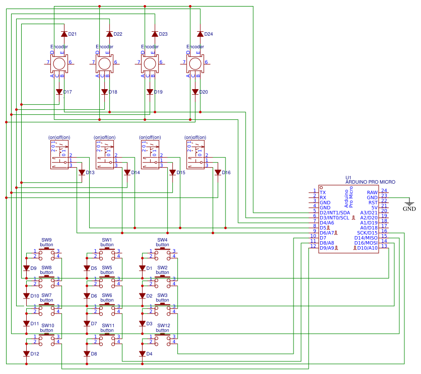 12 buttons, 4 encoders, 4 (on)off(on) switches - EasyEDA open source hardware lab