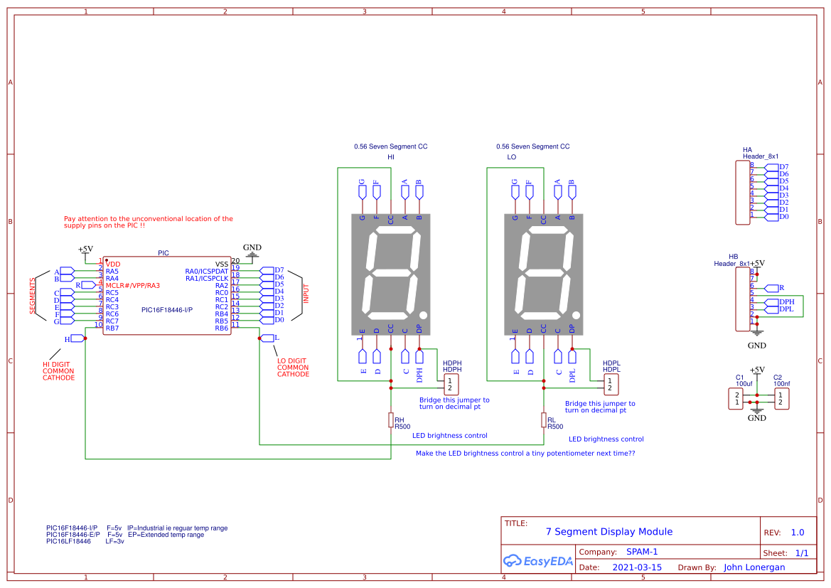 Dual 7 Seg module - PIC16F18446 - EasyEDA open source hardware lab