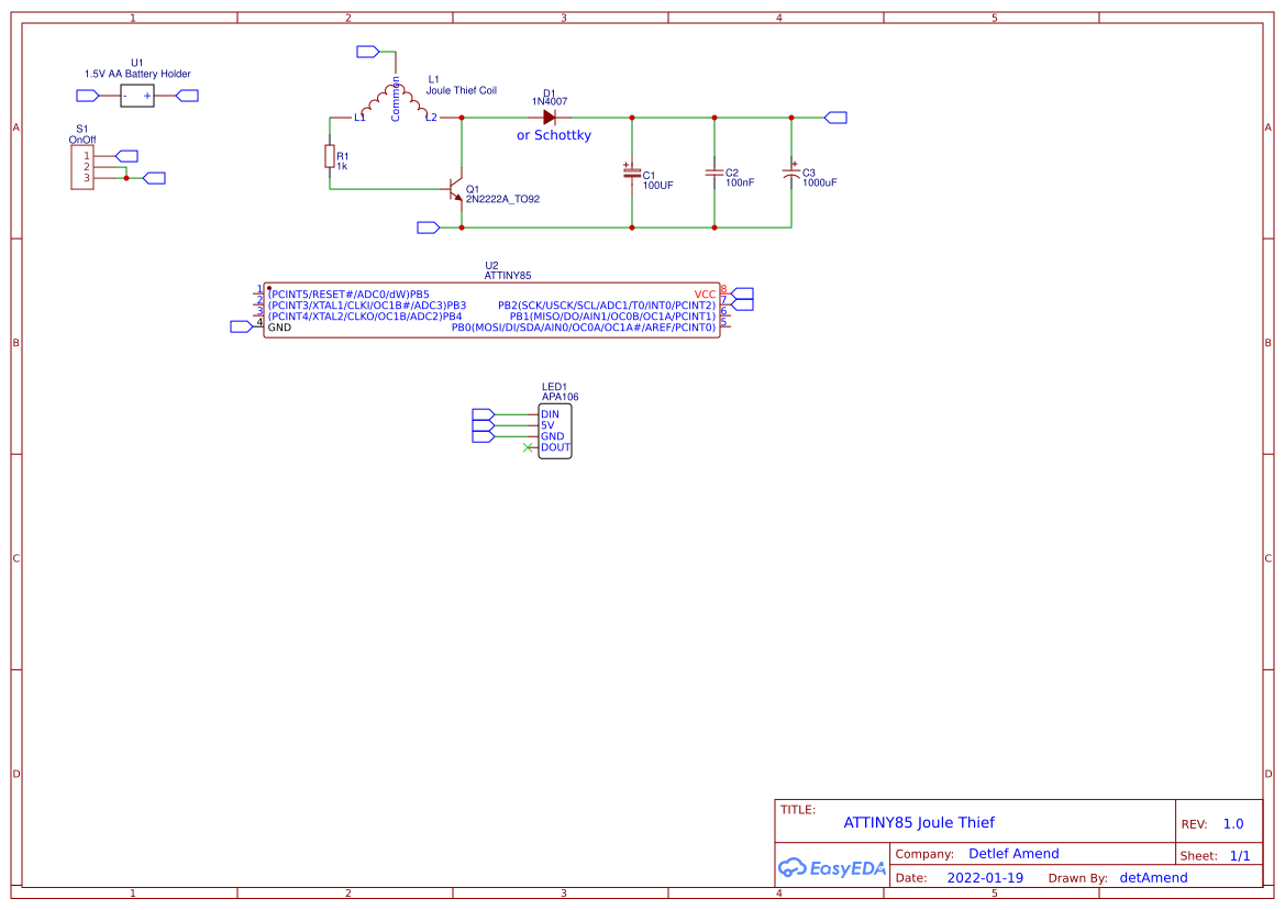 ATTINY85 Joule Thief - EasyEDA open source hardware lab