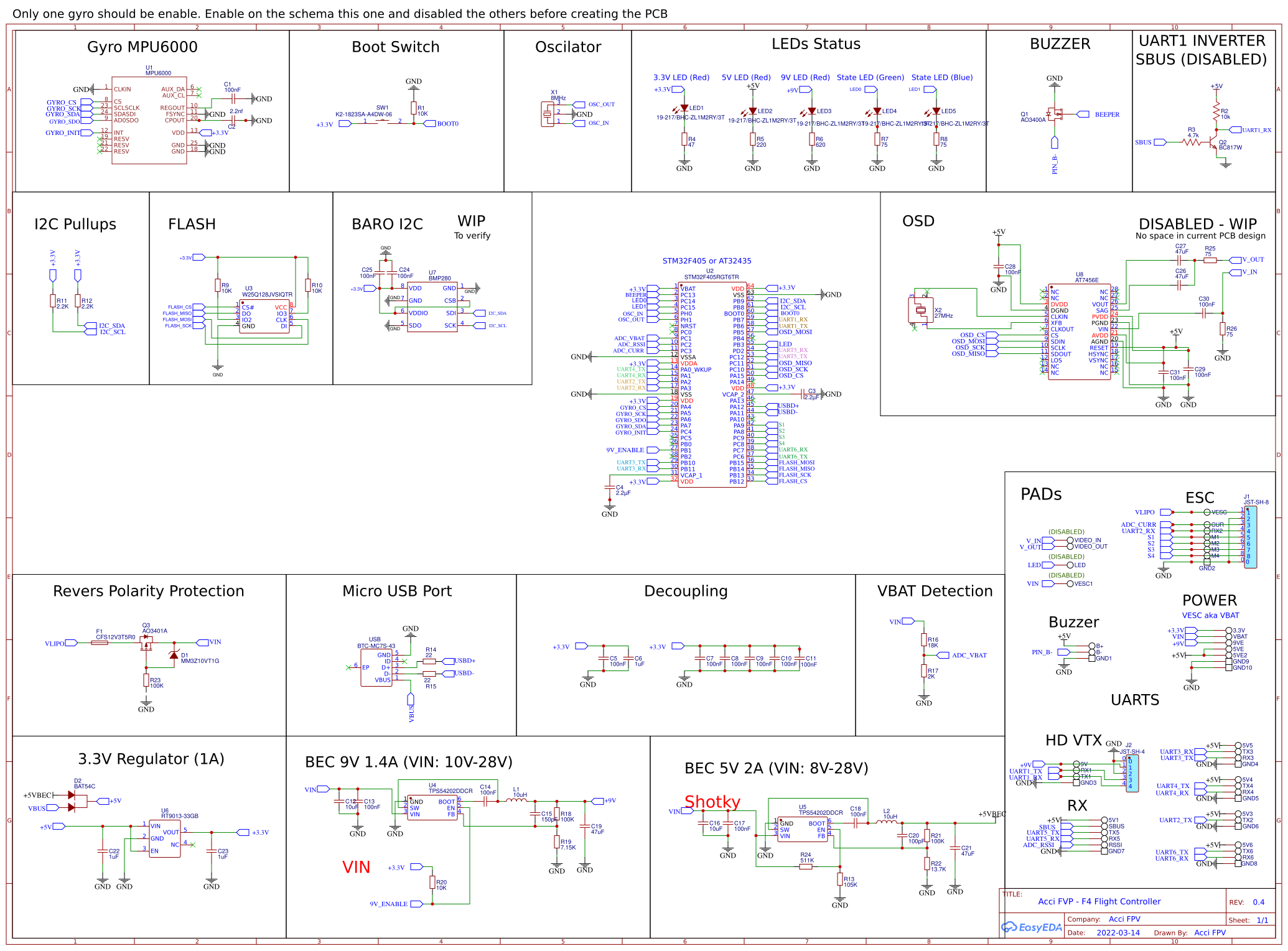 Acci FPV Flight Controller - Betaflight STM32F405 / AT32F435 - EasyEDA open source hardware lab