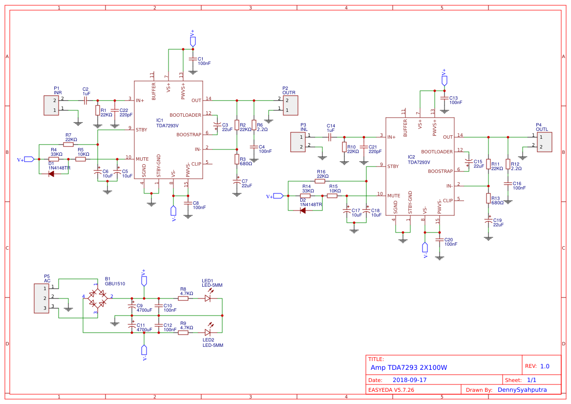 Amplifier TDA7293 2X100Watt + Pre-Amp LM1036 - EasyEDA open source hardware lab