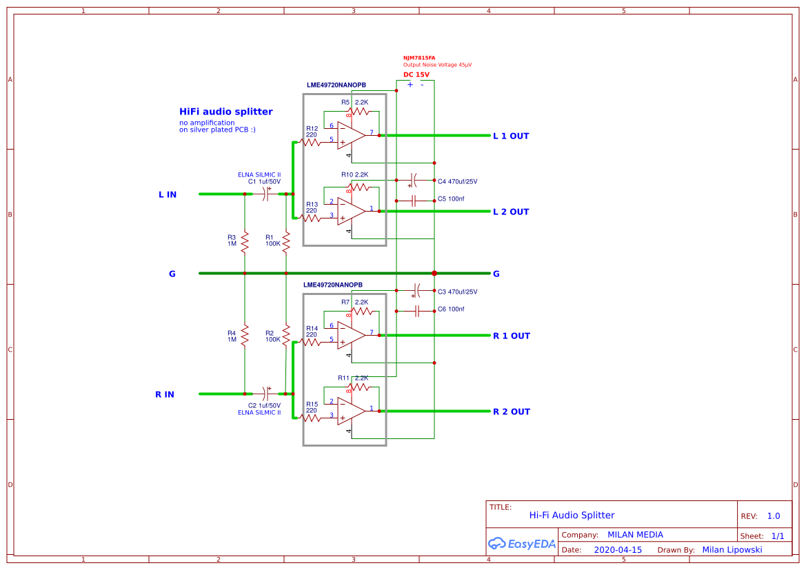 HiFi Audio Splitter with LME49720NA/NOPB - EasyEDA open source hardware lab