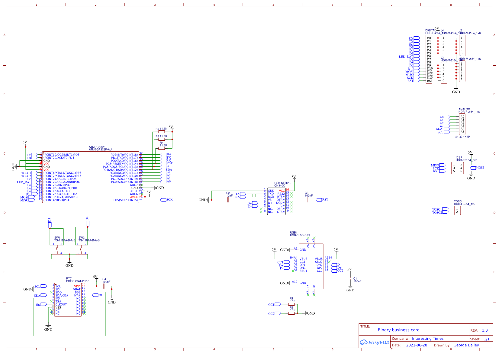 Binary Clock Business Card - EasyEDA open source hardware lab