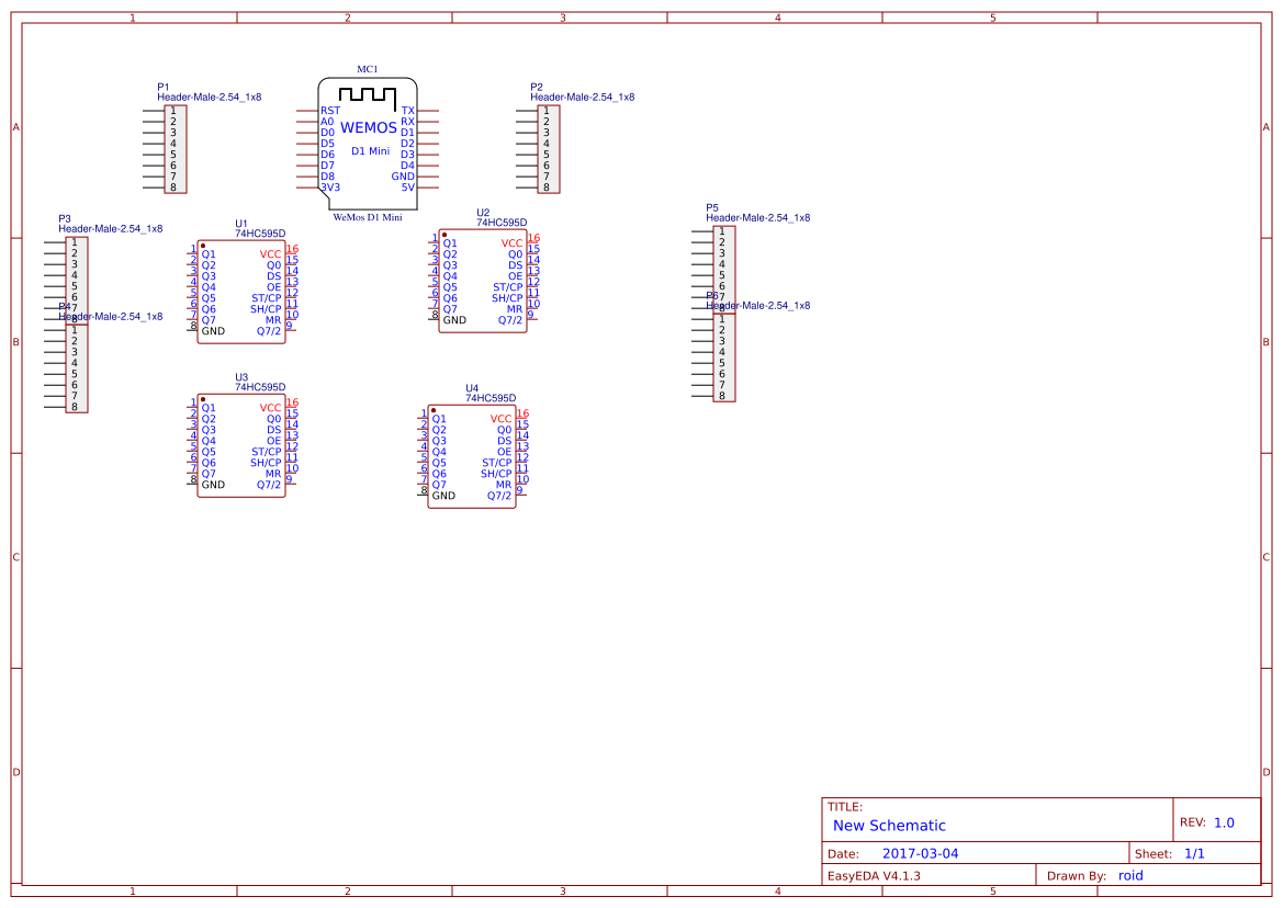 ESP8266 WeMos D1 mini, with 4x 595 shift registers. - OSHWLab