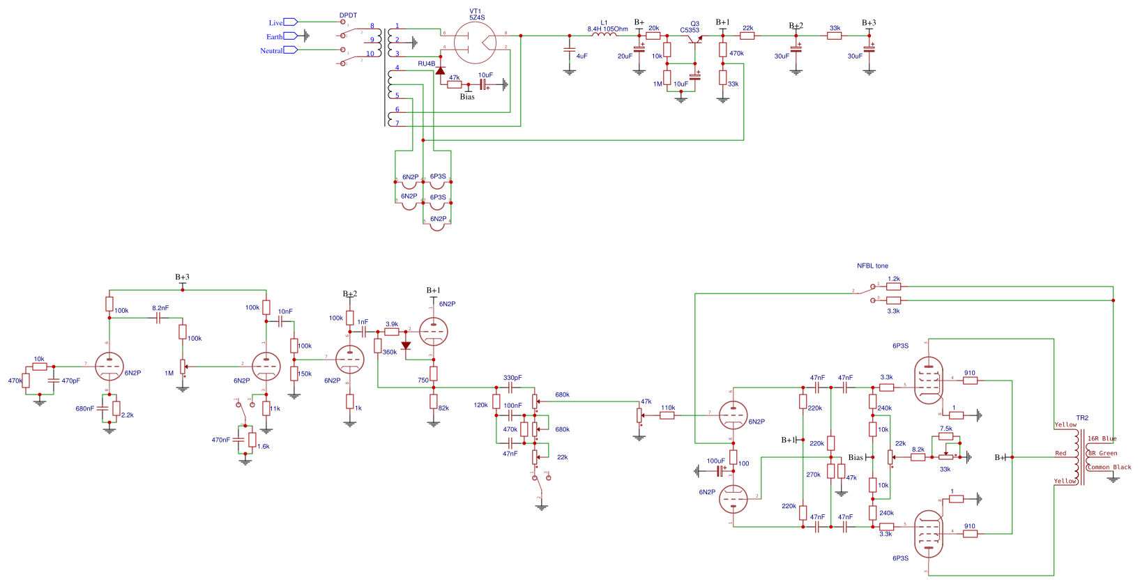 High gain amp, fixed bias, 2 6P3S push pull - EasyEDA open source hardware lab