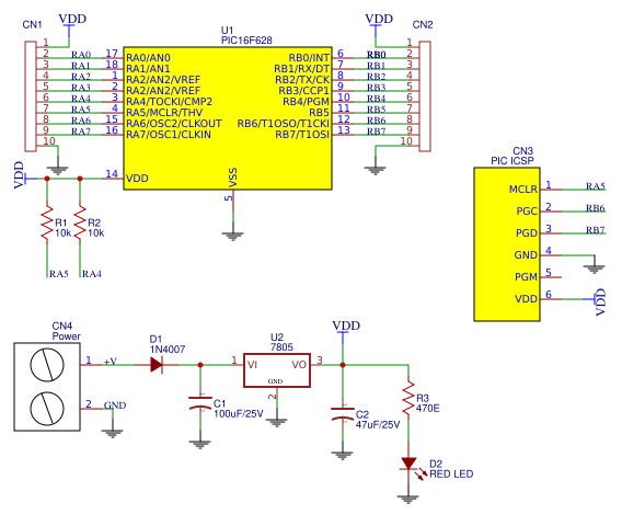 Multipurpose 18 pin (16F628A) microcontroller development board circuit PCB - OSHWLab