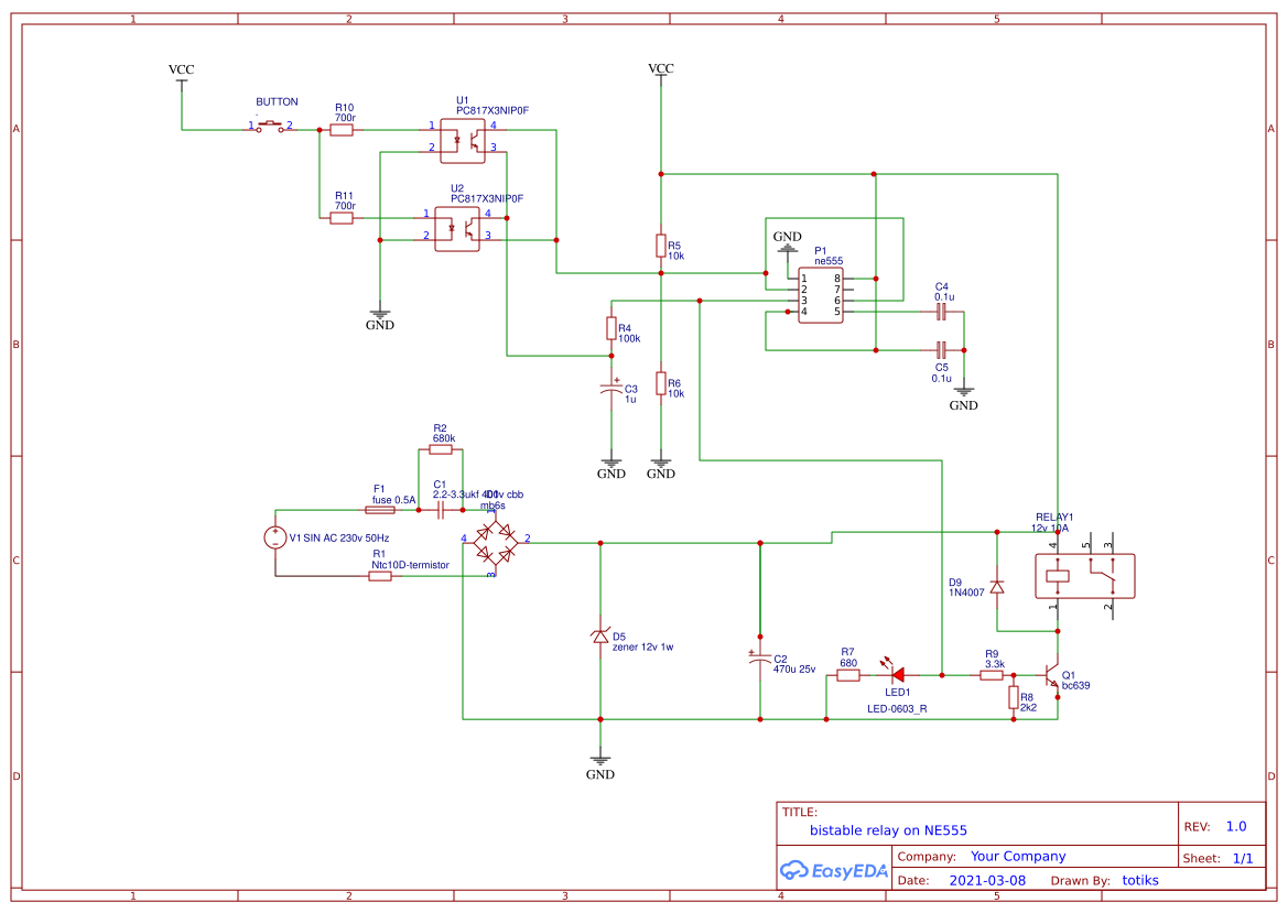 bistable relay on NE555 - EasyEDA open source hardware lab