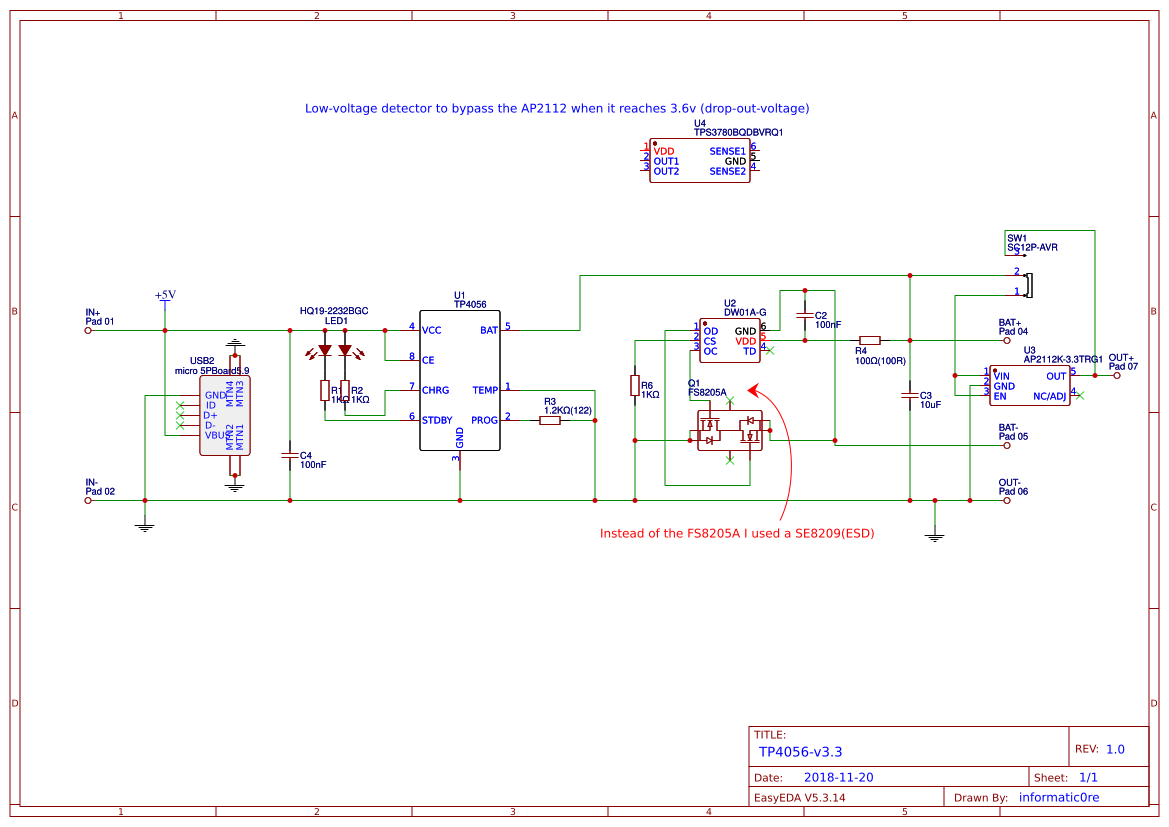 TP4056 - Lithium Battery Charger with 3.3V OUT and protection - OSHWLab